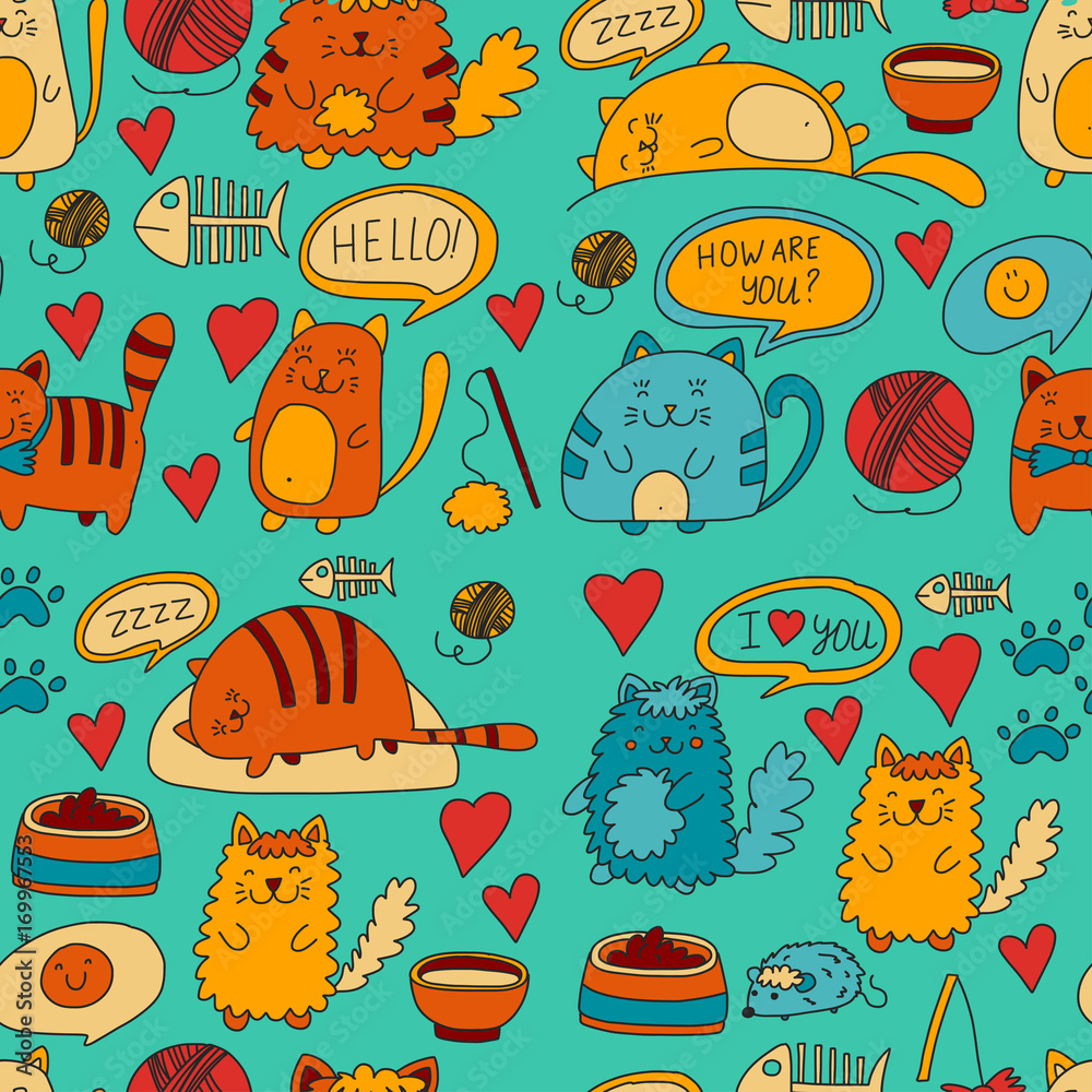 Cute doodle cats, kitty Domestic cats Vector sets with cute kittens for ...