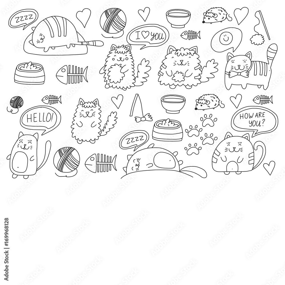Cute doodle cats, kitty Domestic cats Vector sets with cute kittens for ...