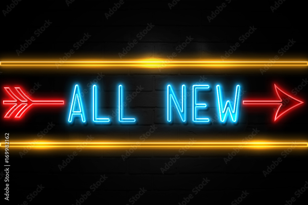 All New - fluorescent Neon Sign on brickwall Front view Stock ...