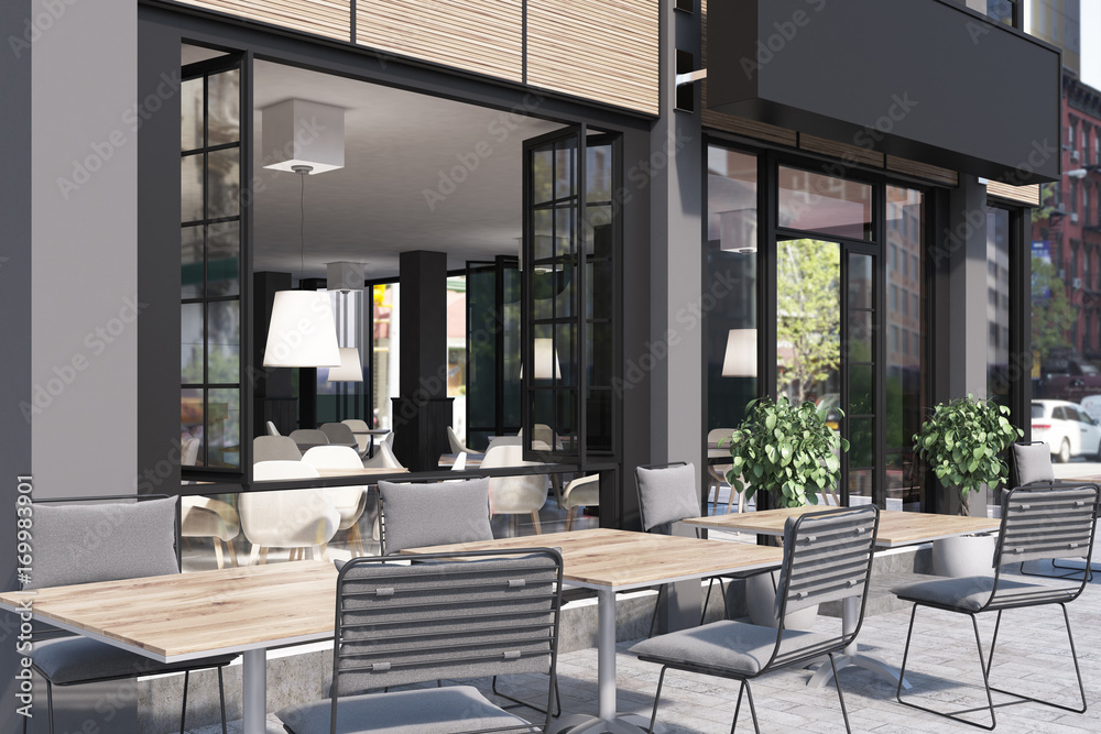 Cafe facade and tables, side view Stock Photo | Adobe Stock