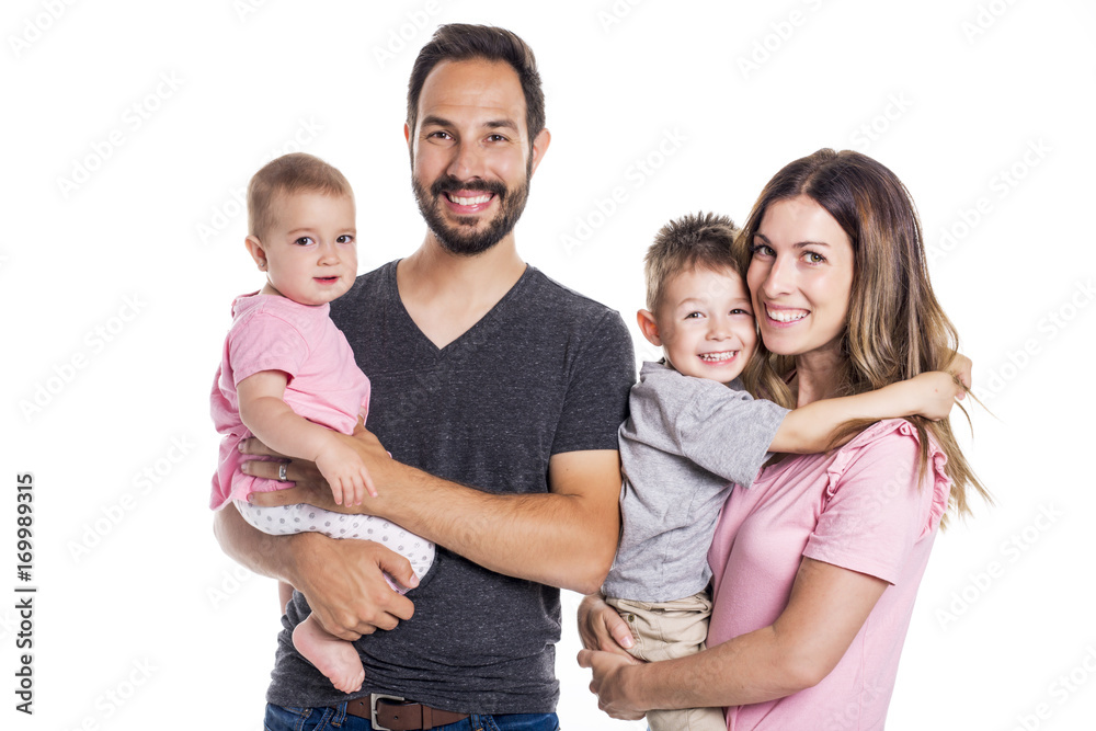 happy smiling family of four isolated on white background Stock Photo ...