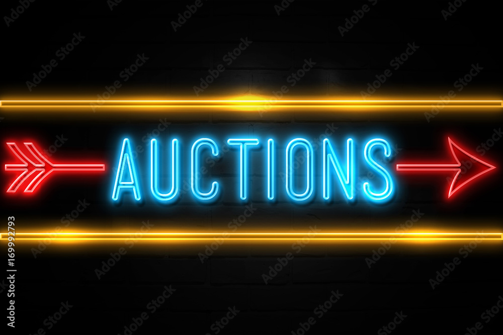 Auctions - fluorescent Neon Sign on brickwall Front view Stock ...