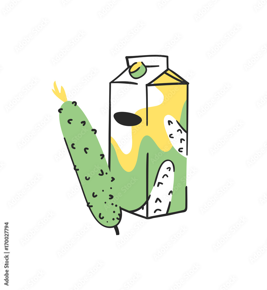 Hand drawn summer set of cucumber and juice pack. Vector artistic ...