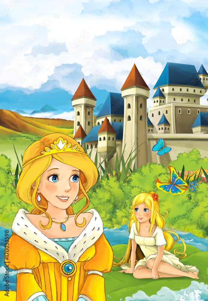 cartoon fairy tale scene with a young princess looking at some little ...