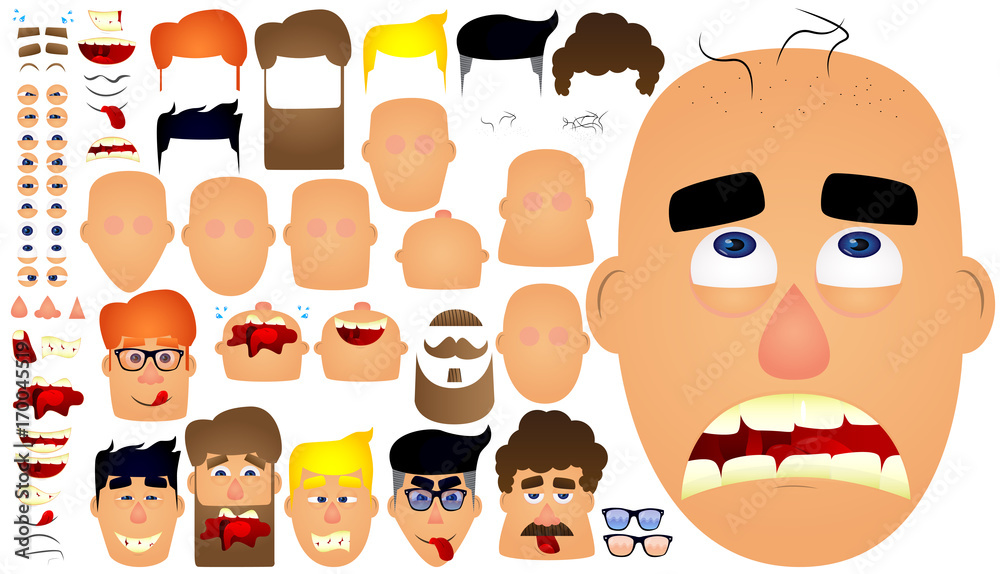 Cartoon male face characters for your template. Big set of emotions ...