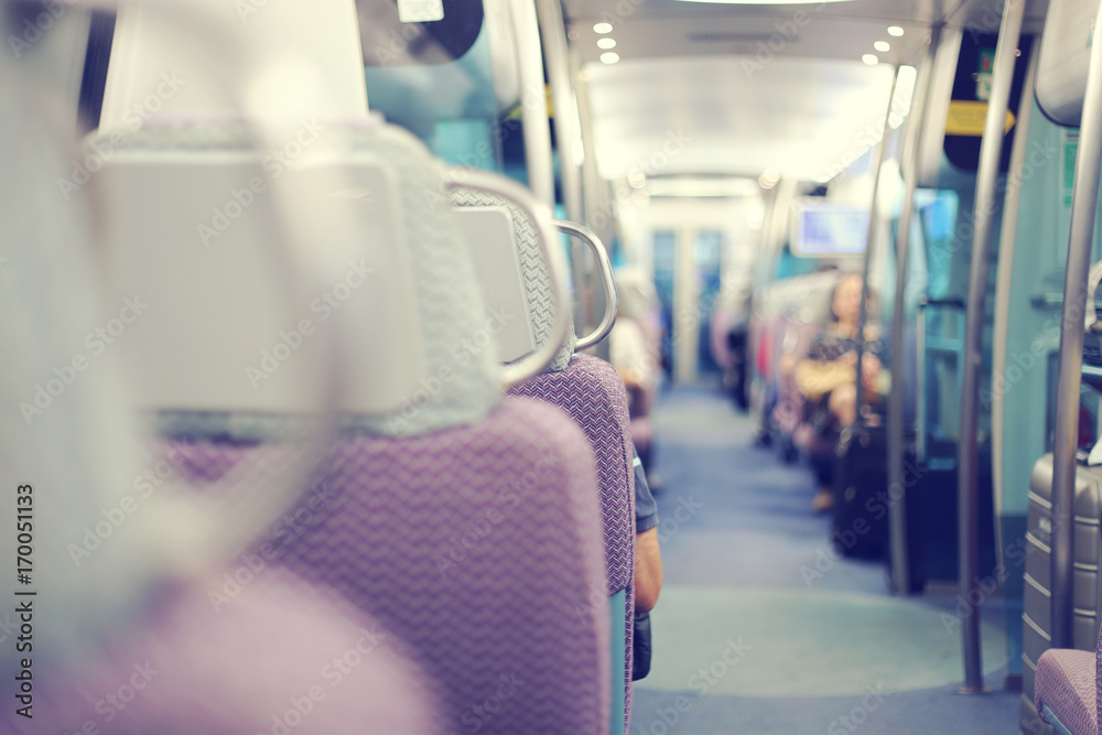Blurred of stack seat in train. Emtpy interior of the train. Stock ...
