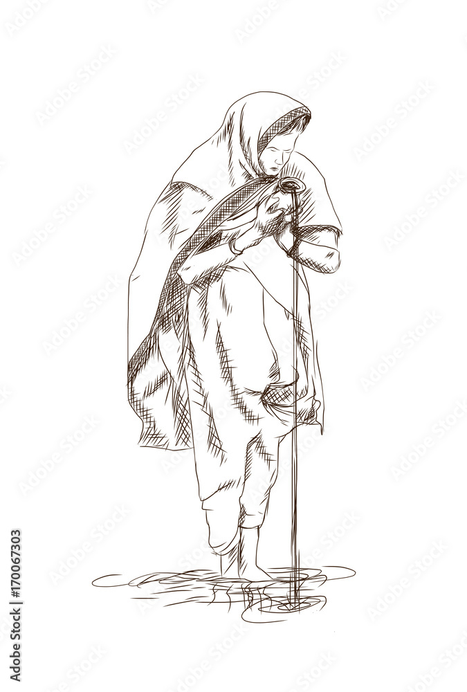 Hand drawn sketch of Woman dressed in a red sari carrying out a ...