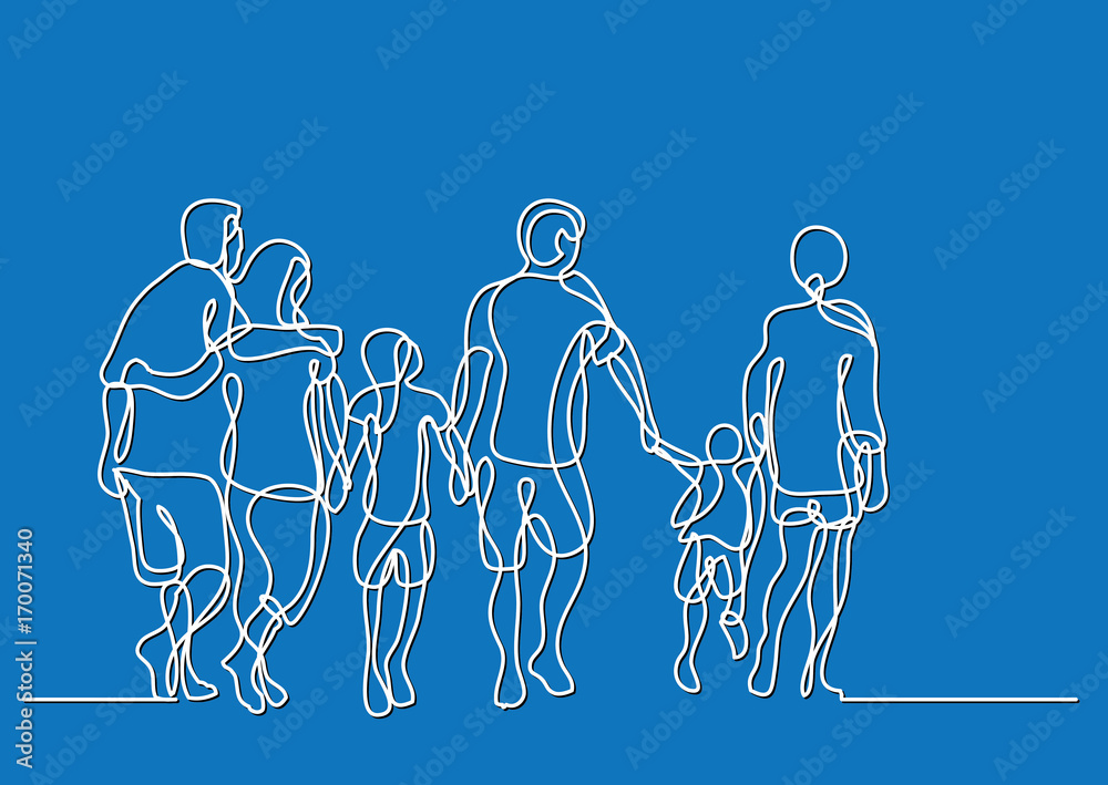 continuous line drawing of happy extended family walking Stock Vector ...