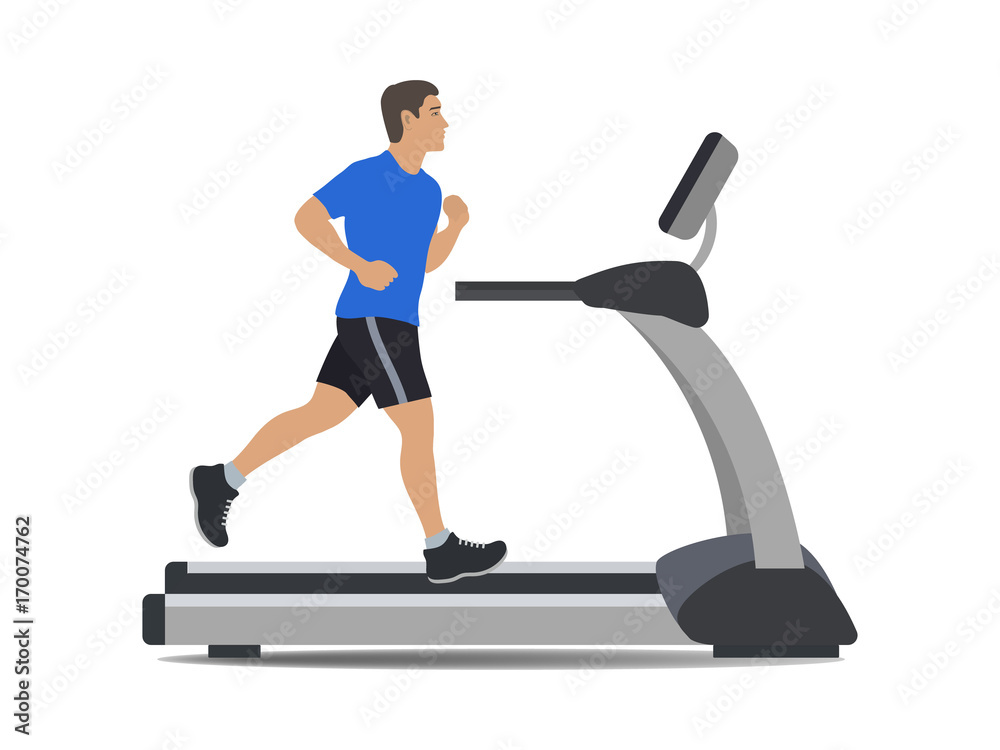 Young man in a sporty uniform is running on a treadmill. Vector ...