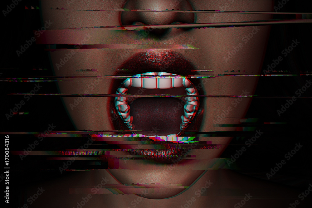 3d illustration of woman screaming in the dark with glitch effect ...