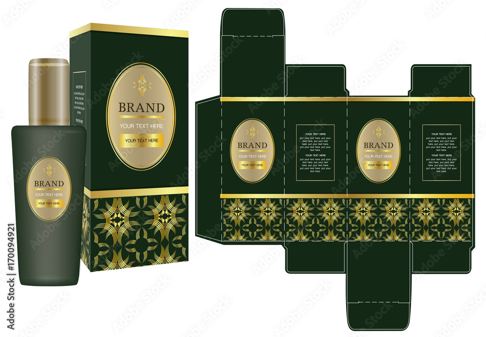 Label on packaging container with gold and green luxury box design ...