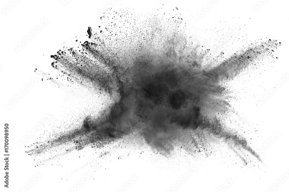 Black powder explosion. Closeup of black dust particles explode ...