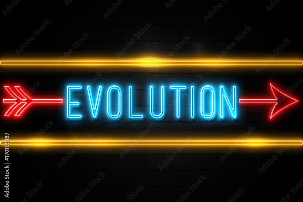 Evolution - fluorescent Neon Sign on brickwall Front view Stock ...