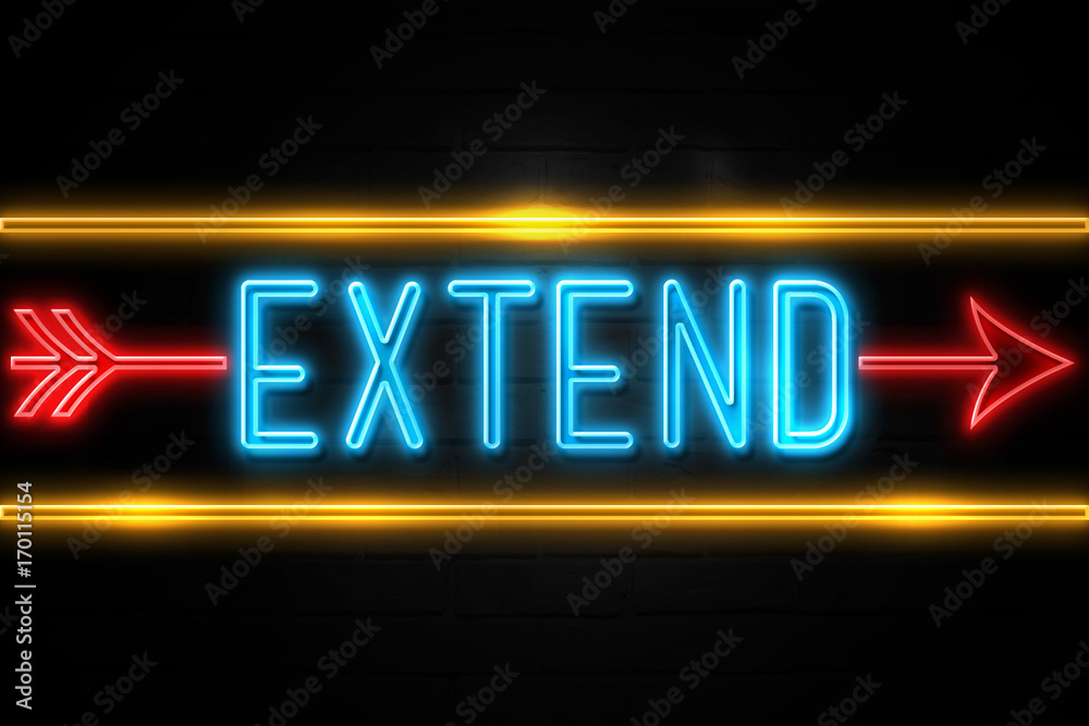 Extend - fluorescent Neon Sign on brickwall Front view Stock ...