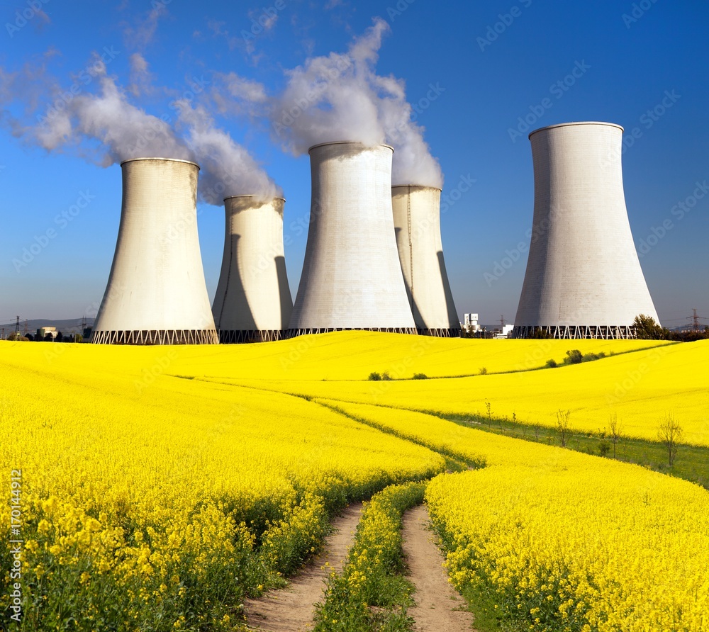 Nuclear power plant with flowering field of rapeseed Stock Photo ...