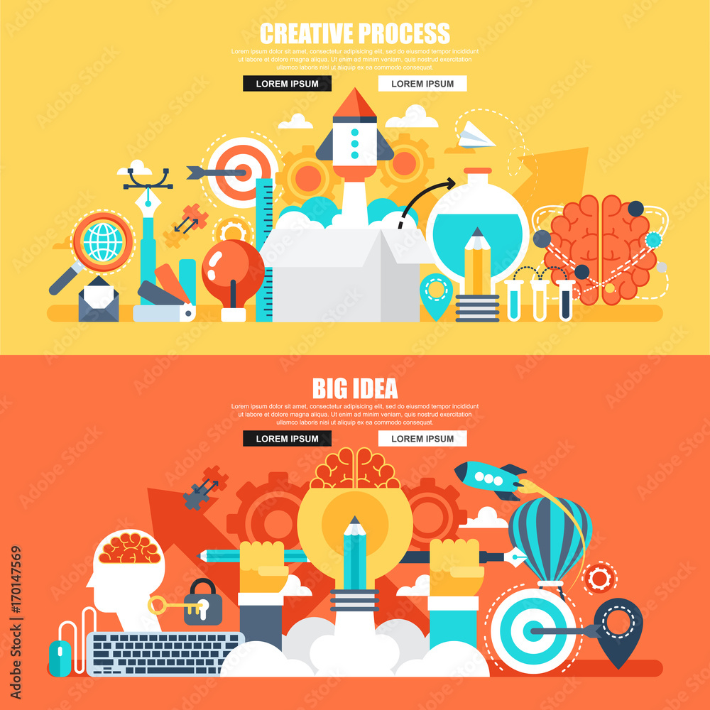 Business flat concept web banner of creative process and project ...