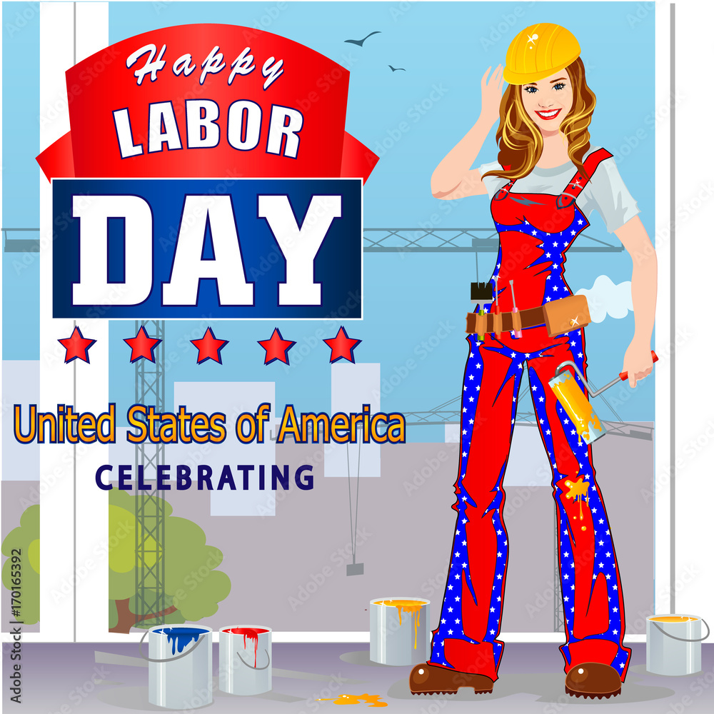 Labor day poster. Pop art strong woman. Symbol of american female power ...