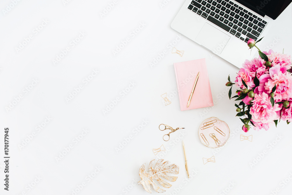 Flat lay home office desk. Woman workspace with laptop, pink peonies ...