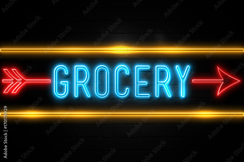 Grocery - fluorescent Neon Sign on brickwall Front view Stock ...