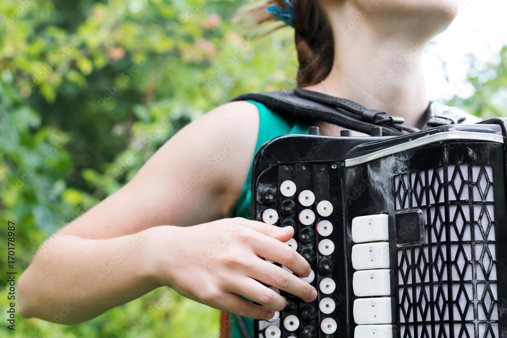 Girl Musician Plays The Russian Bayan Button Accordion Musician