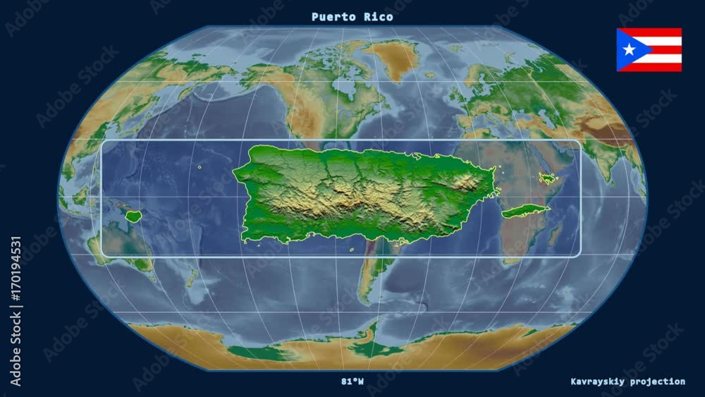 Puerto Rico - 3D tube zoom (Kavrayskiy VII projection). Bumps shaded ...