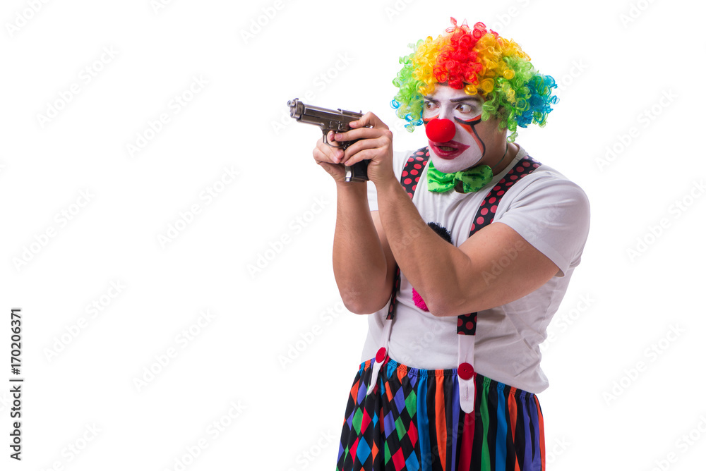 Funny clown with a gun pistol isolated on white background Stock Photo ...