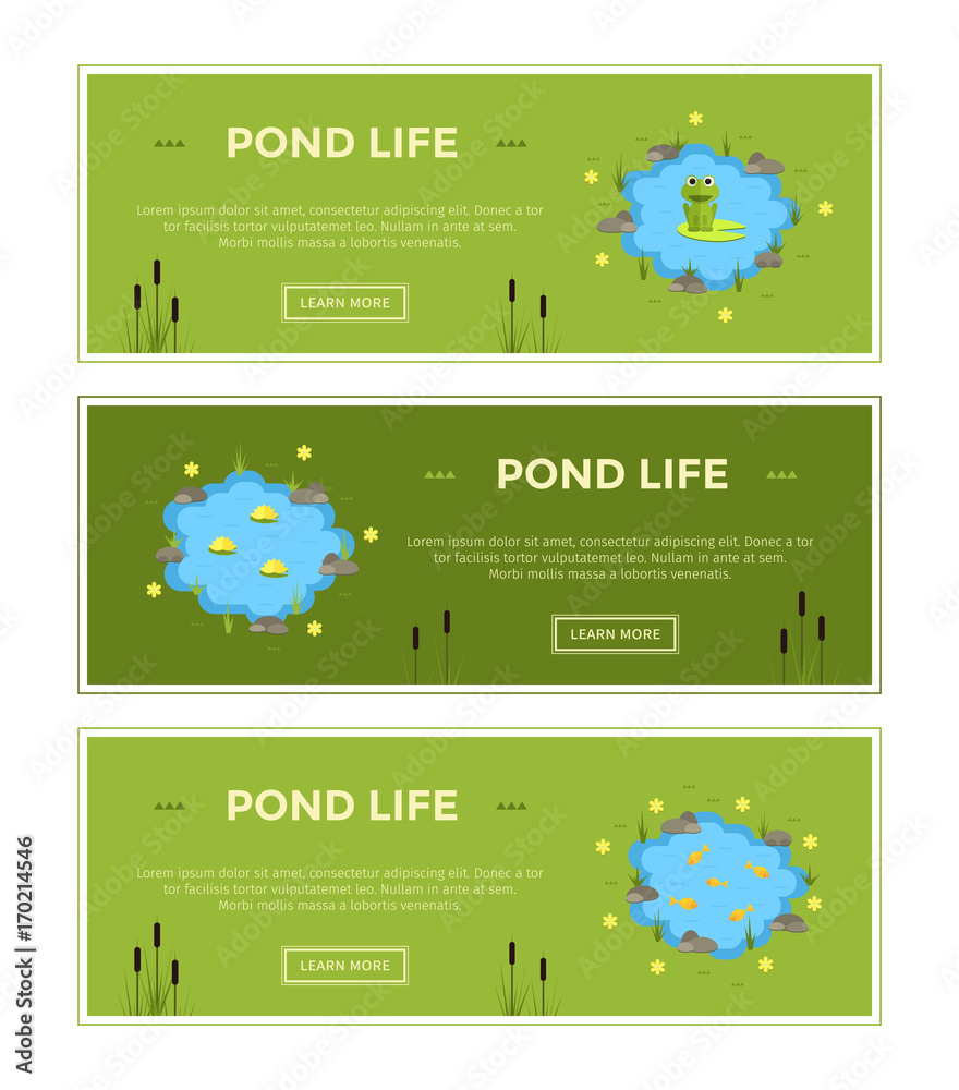Cartoon vector garden pond advertisment banners with water, plants and ...