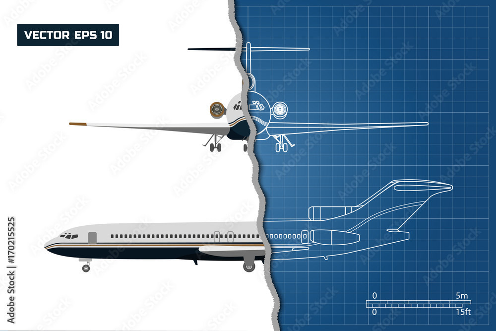 Outline drawing of plane on a blue background. Industrial blueprint of ...