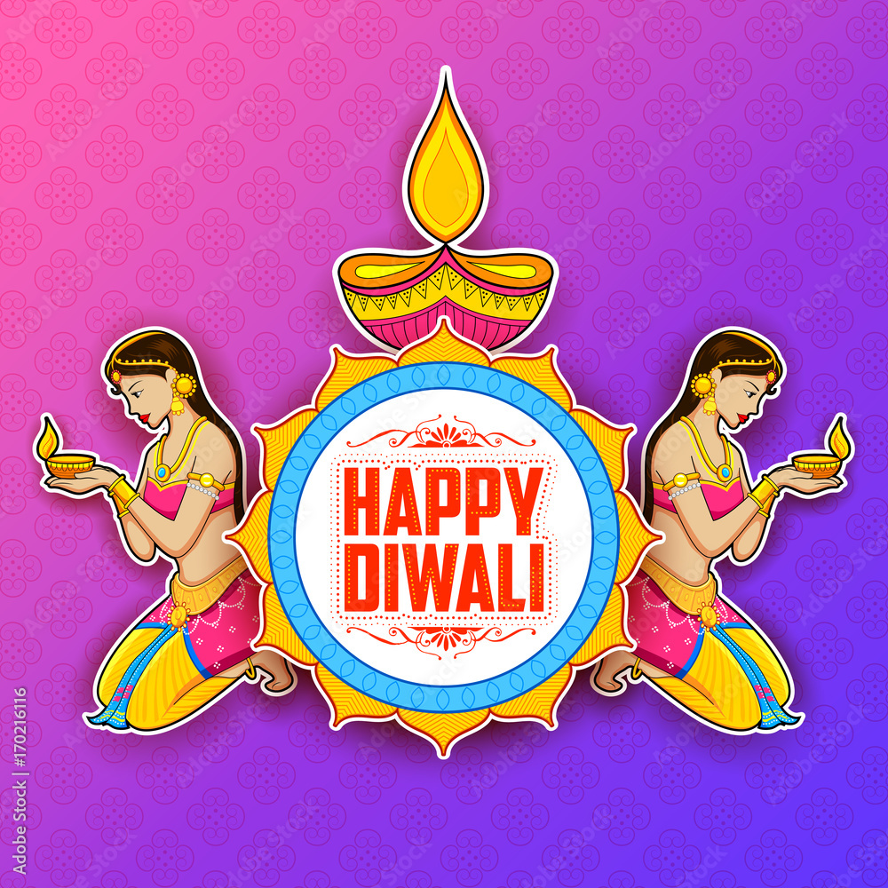 Lady burning diya on Happy Diwal Holiday background for light festival ...