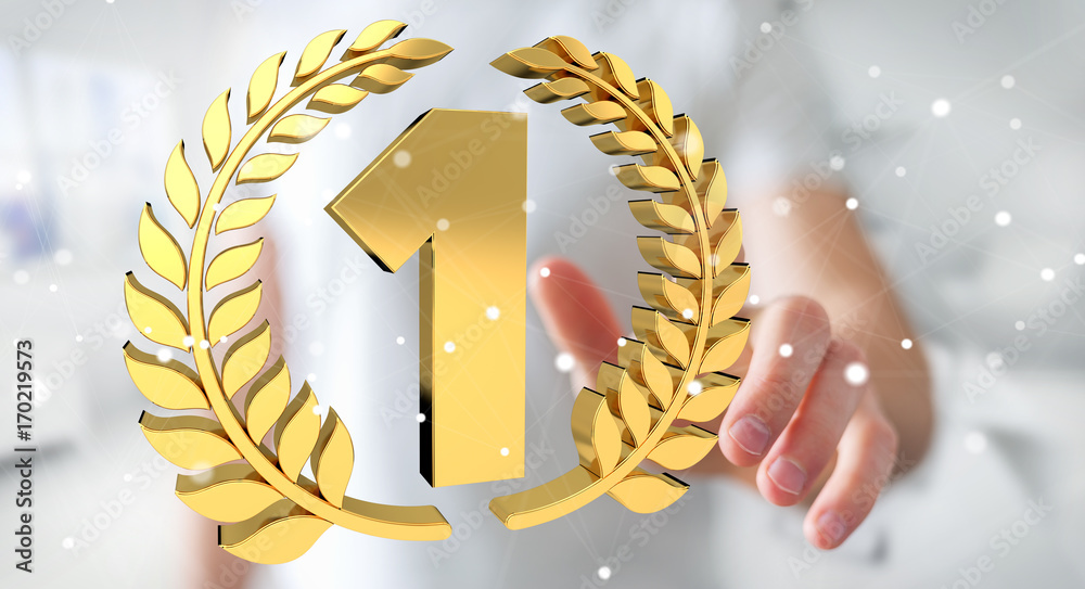 Businessman winning the first golden price 3D rendering Stock Photo ...