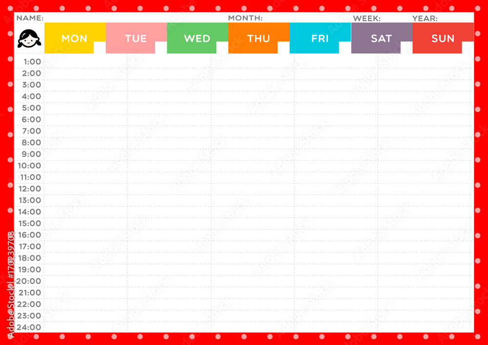 GIRL WEEKLY TIME TABLE Instant cute weekly time table for girl on red ...