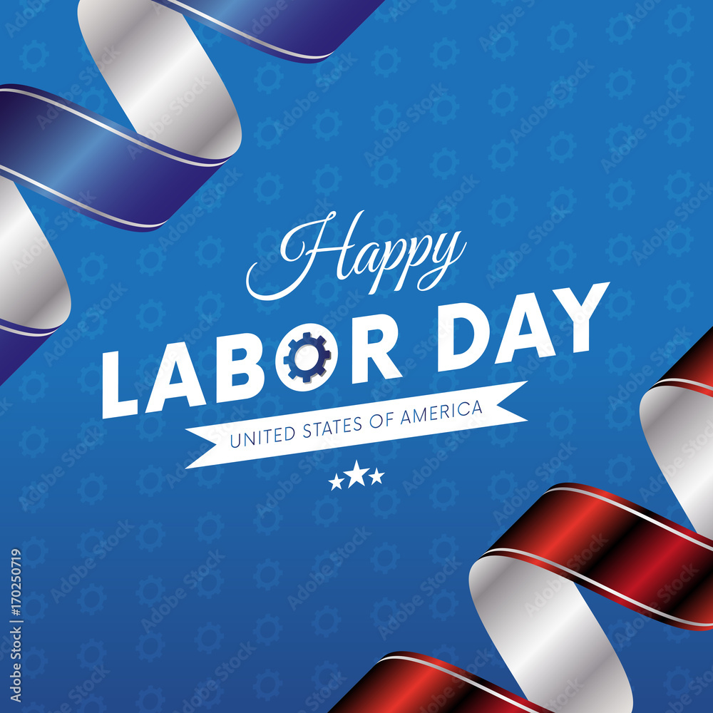 Happy Labor Day. Blue gradient background. Waving flag. Red and blue ...