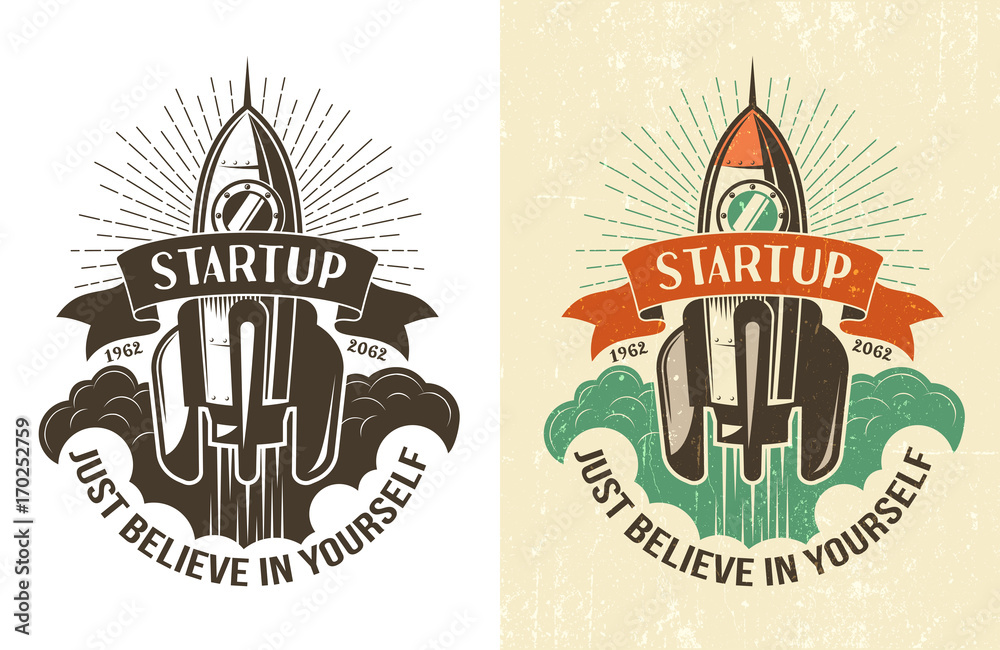 Retro logo with a rising rocket - color and black and white options ...