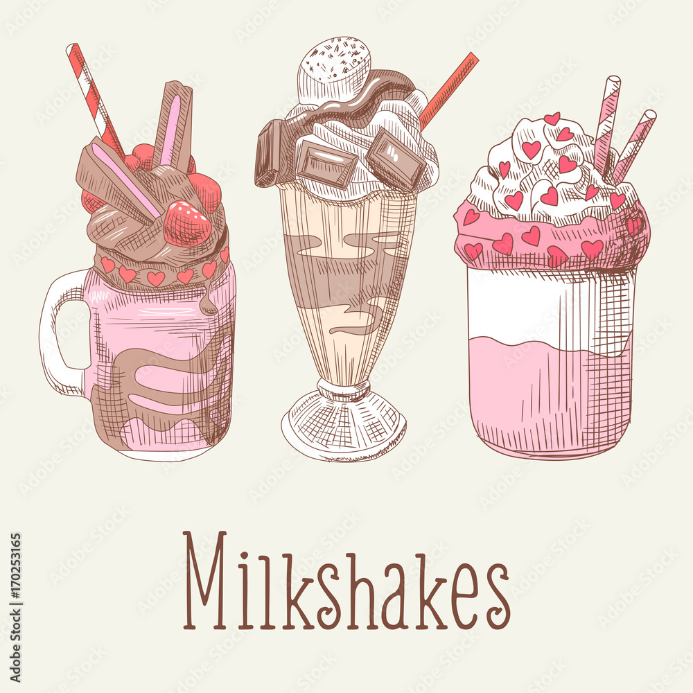 Milkshakes and Ice Cream Hand Drawn Doodle. Dessert Cold Drinks. Vector ...