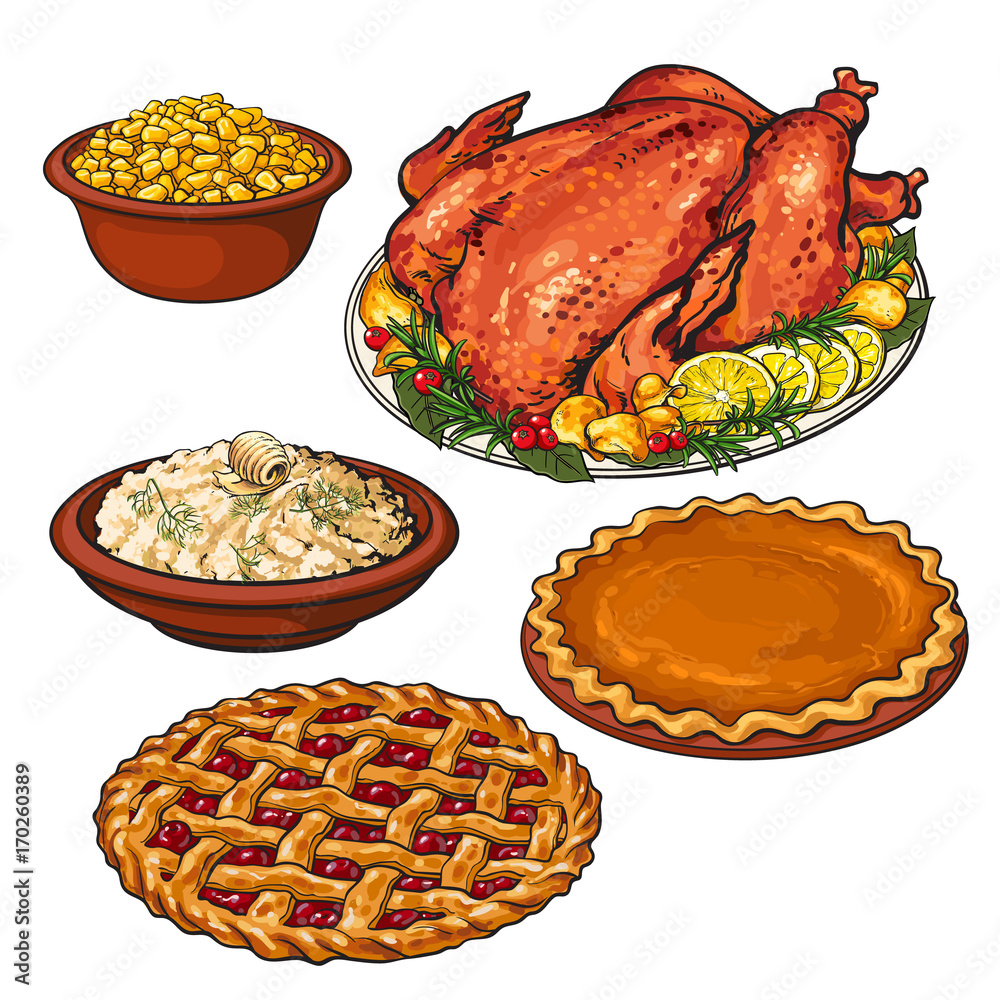 Whole roasted turkey, mashed potato and bowl of sweet corn ...