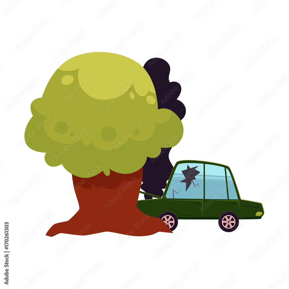 vector flat cartoon car accident with cracked window glass, black smoke ...