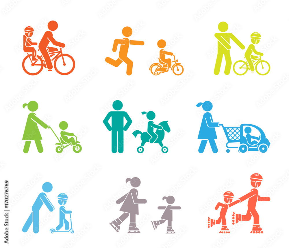 Parents and their kids on the move. Set of pictogram icons representing ...