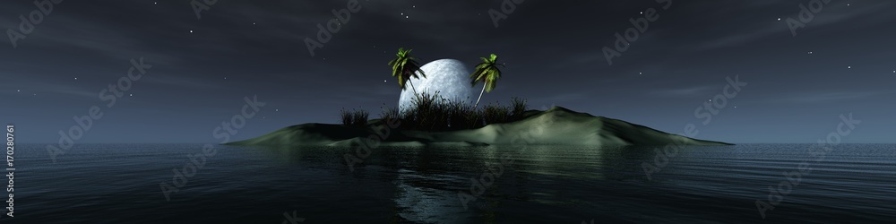 Island in the ocean and the moon above the water, moonrise over the ...