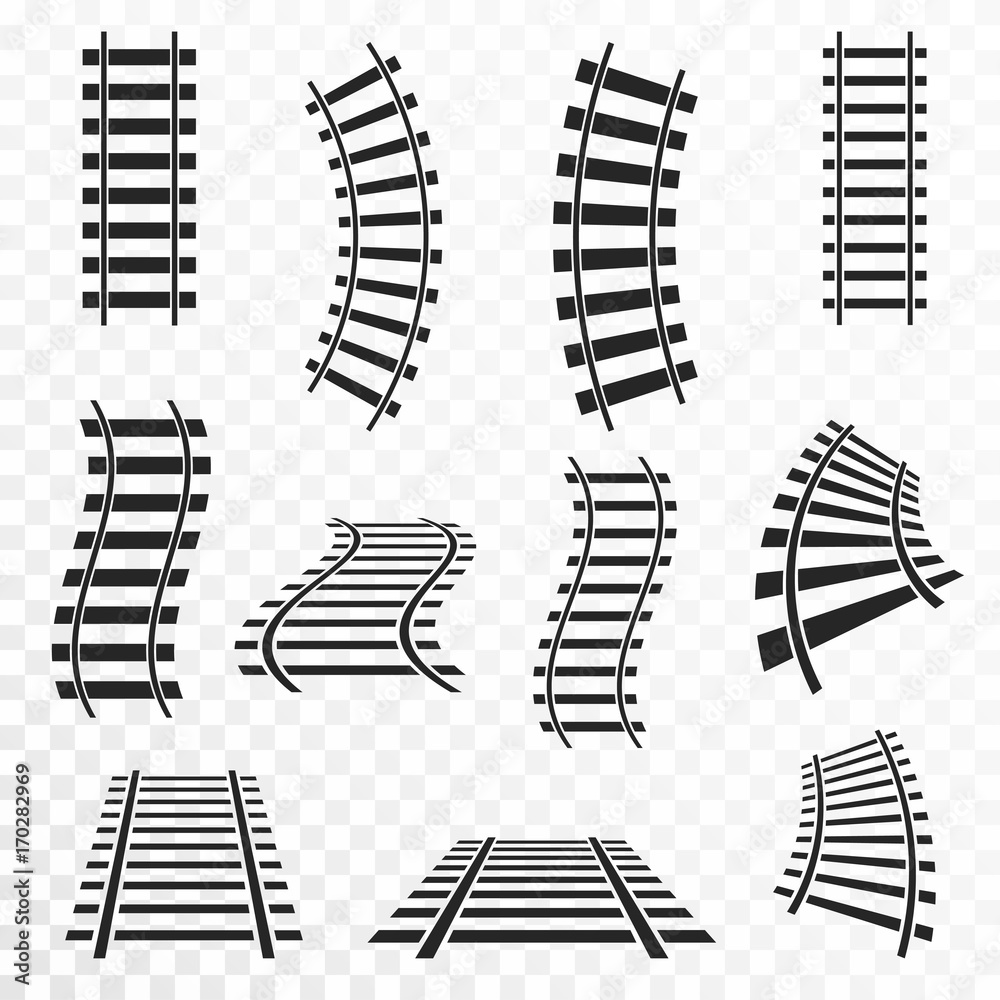 Rails set on transparent background. Straight and curved railroad ...