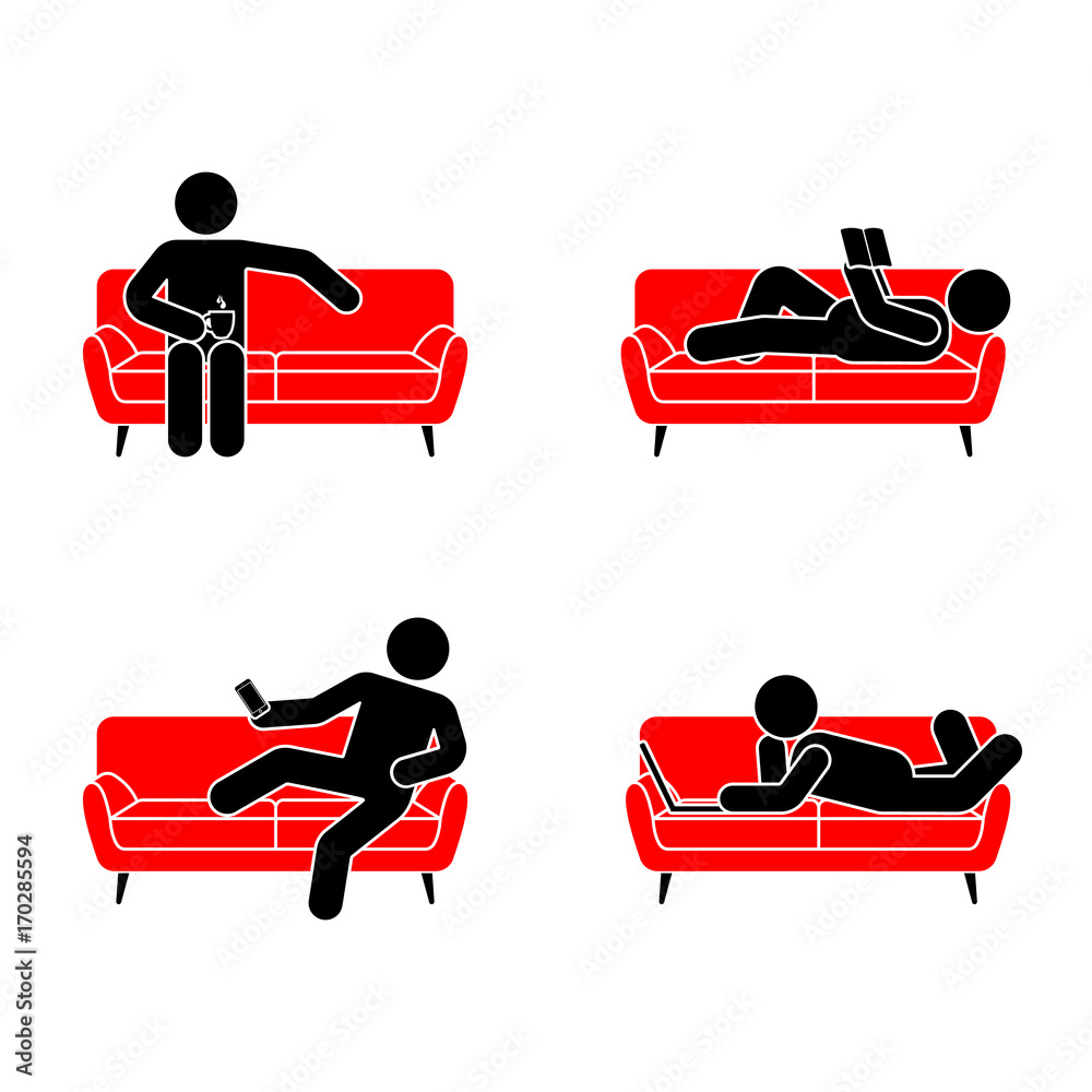 Stick figure resting position set on red sofa. Sitting, lying, reading ...
