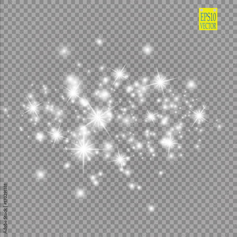 Set of white glowing lights effects isolated on transparent background. Sun flash with rays and ...