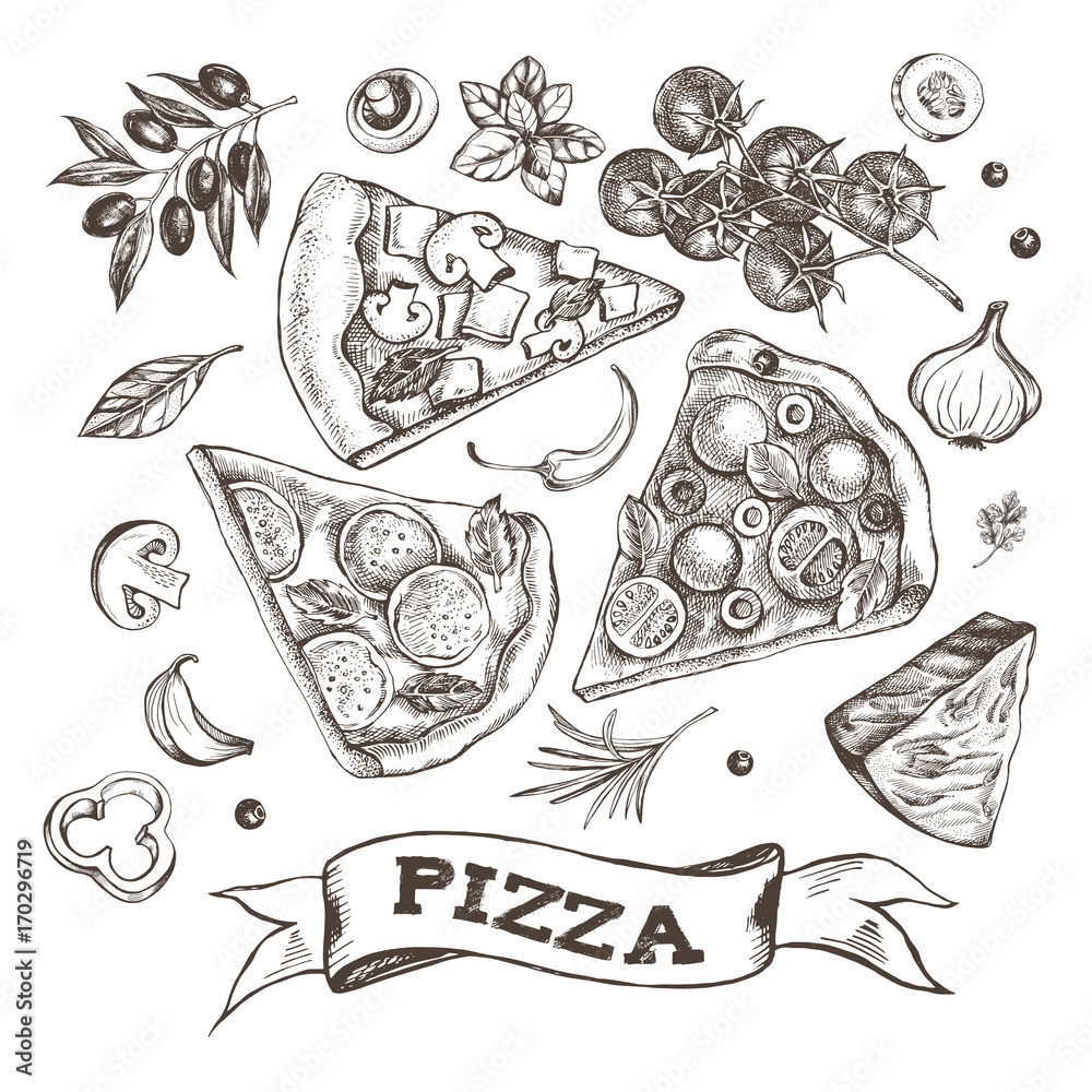 Set of pieces of delicious pizza and pizza ingredients. Food elements ...