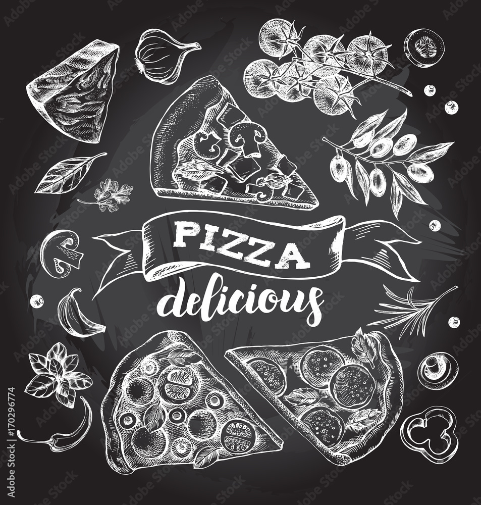 Set of pieces of delicious pizza and pizza ingredients. Food elements ...