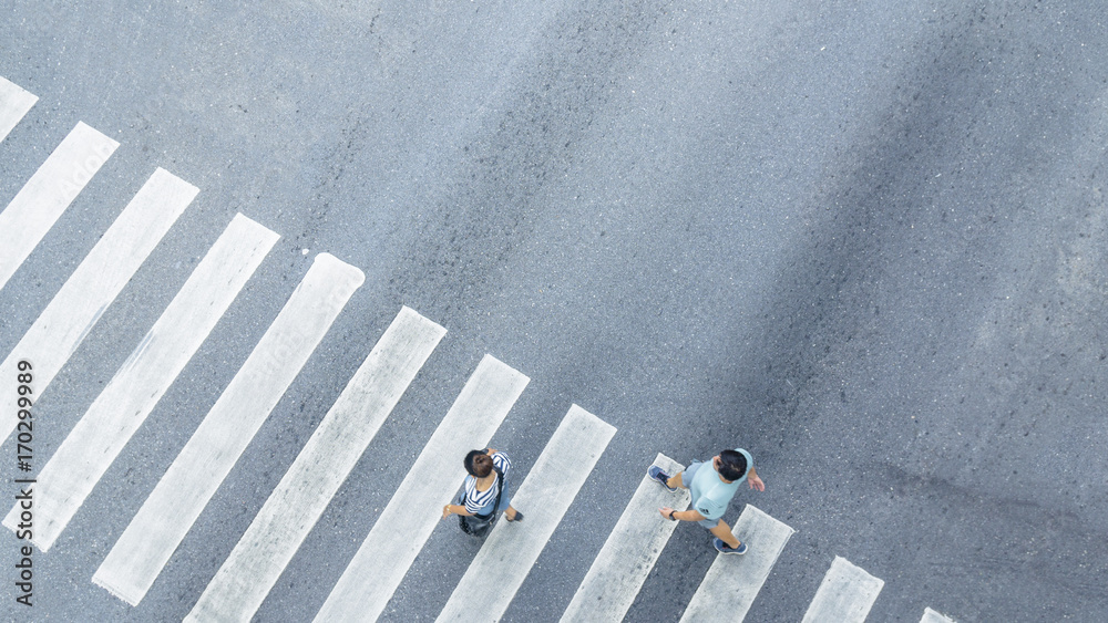 From the top view of people walk on street pedestrian crossroad in the ...