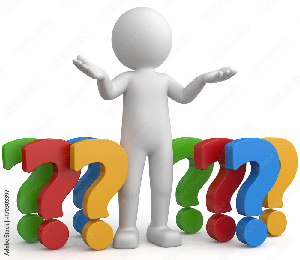 3d Männchen mit bunte Fragezeichen Stock Illustration | Adobe Stock