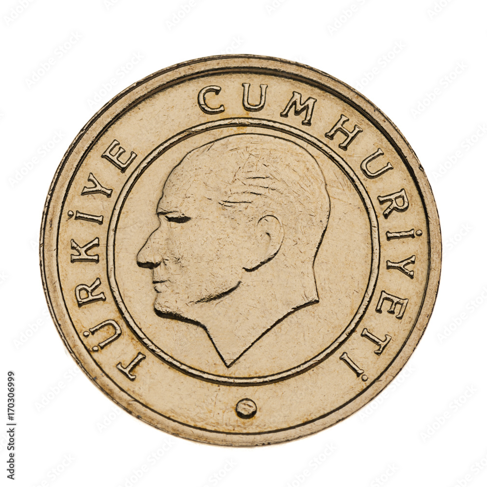 Smallest Turkish coin currency one Kurus isolated on white background ...