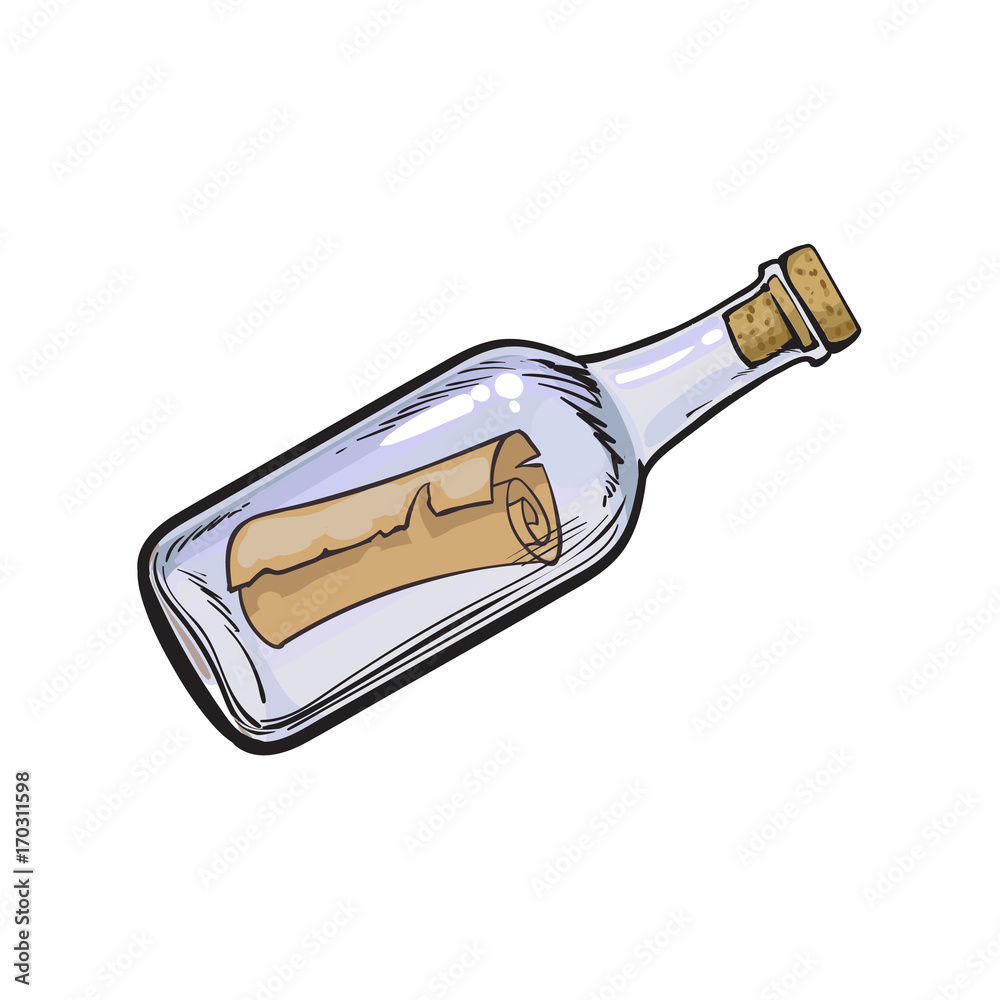 Message, letter, scroll in transparent glass bottle, hand drawn, sketch ...