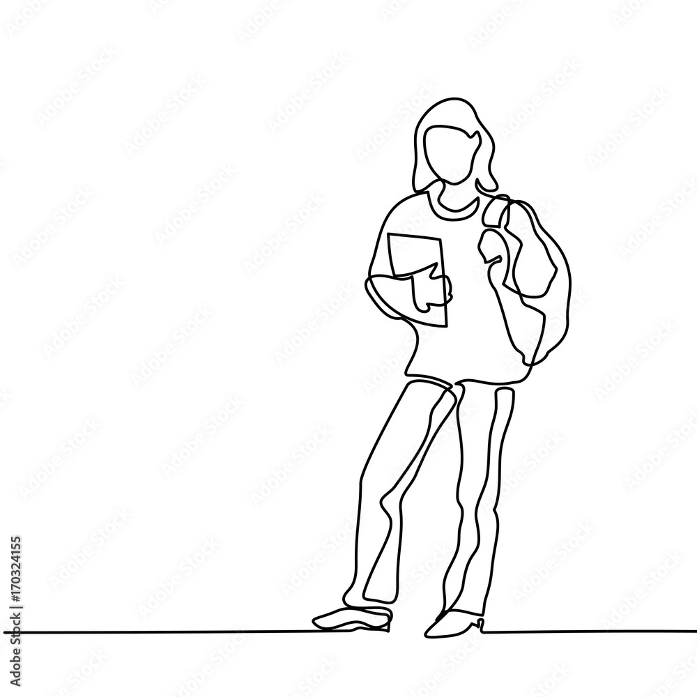 Standing girl student with book and bag. Continuous line drawing ...