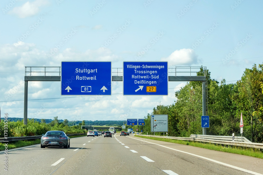 freeway road signs on Autobahn A81 showing exit to Villingen ...