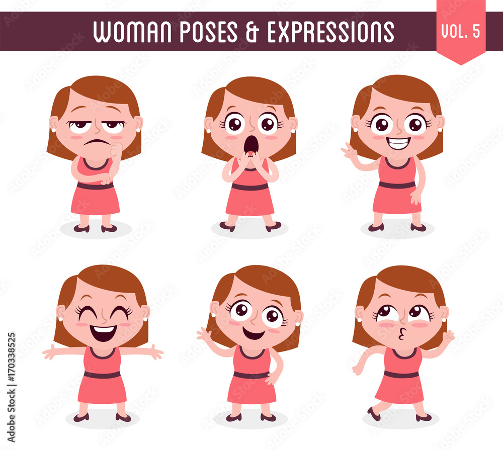 Cartoon character of a woman in different poses. Isolated on white ...